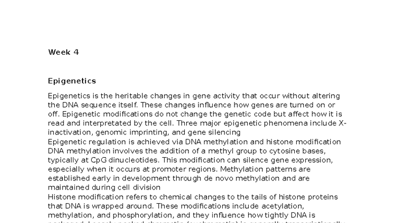 Week 4 - Lecture Notes on Epigenetics and Gene Regulation - Studocu