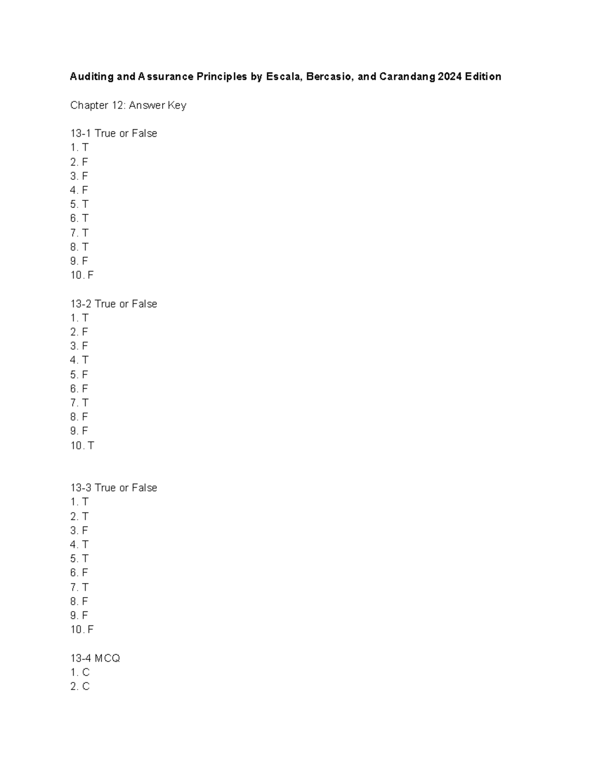 Auditing and Assurance Principles 2024 Edition Chapter 13: Answer Key ...