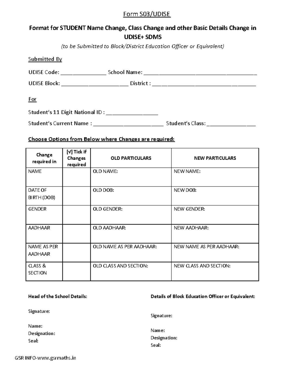 SO3 Format for Student Name & Class Change in UDISE Plus - Studocu