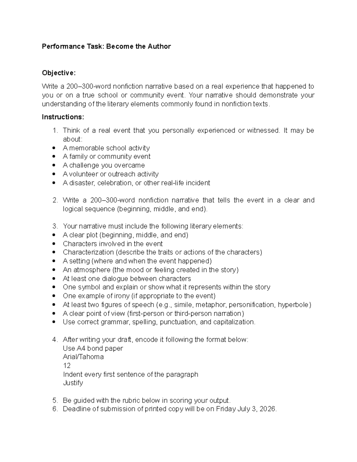 Performance Task: Nonfiction Narrative Writing Guide - Studocu