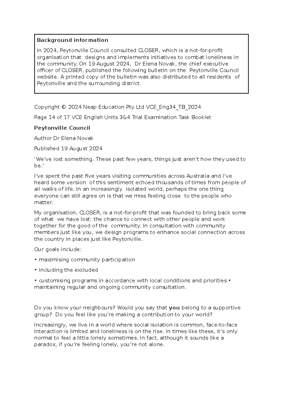 VCE_Eng34_C4: Practice Section C Response on Combating Loneliness - Studocu