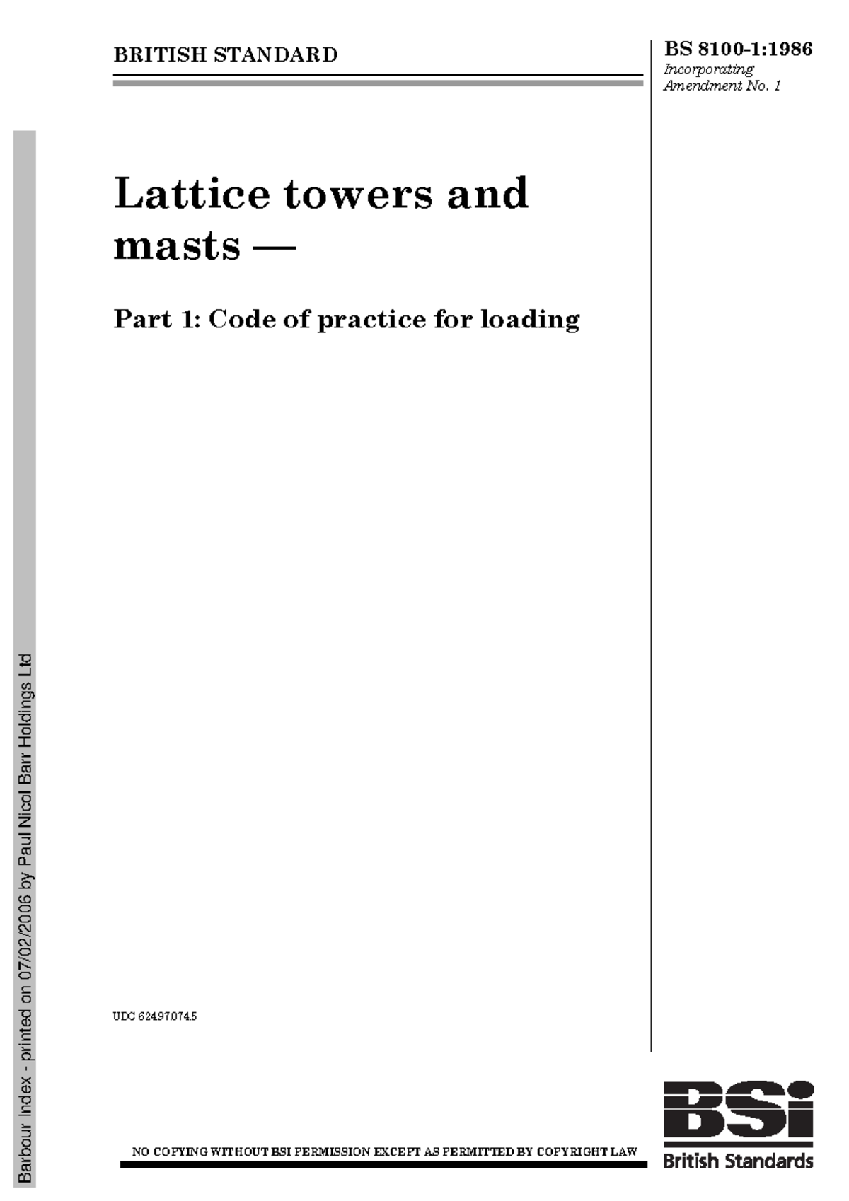 BS 8100-1: Code of Practice for Loading Lattice Towers and Masts - Studocu