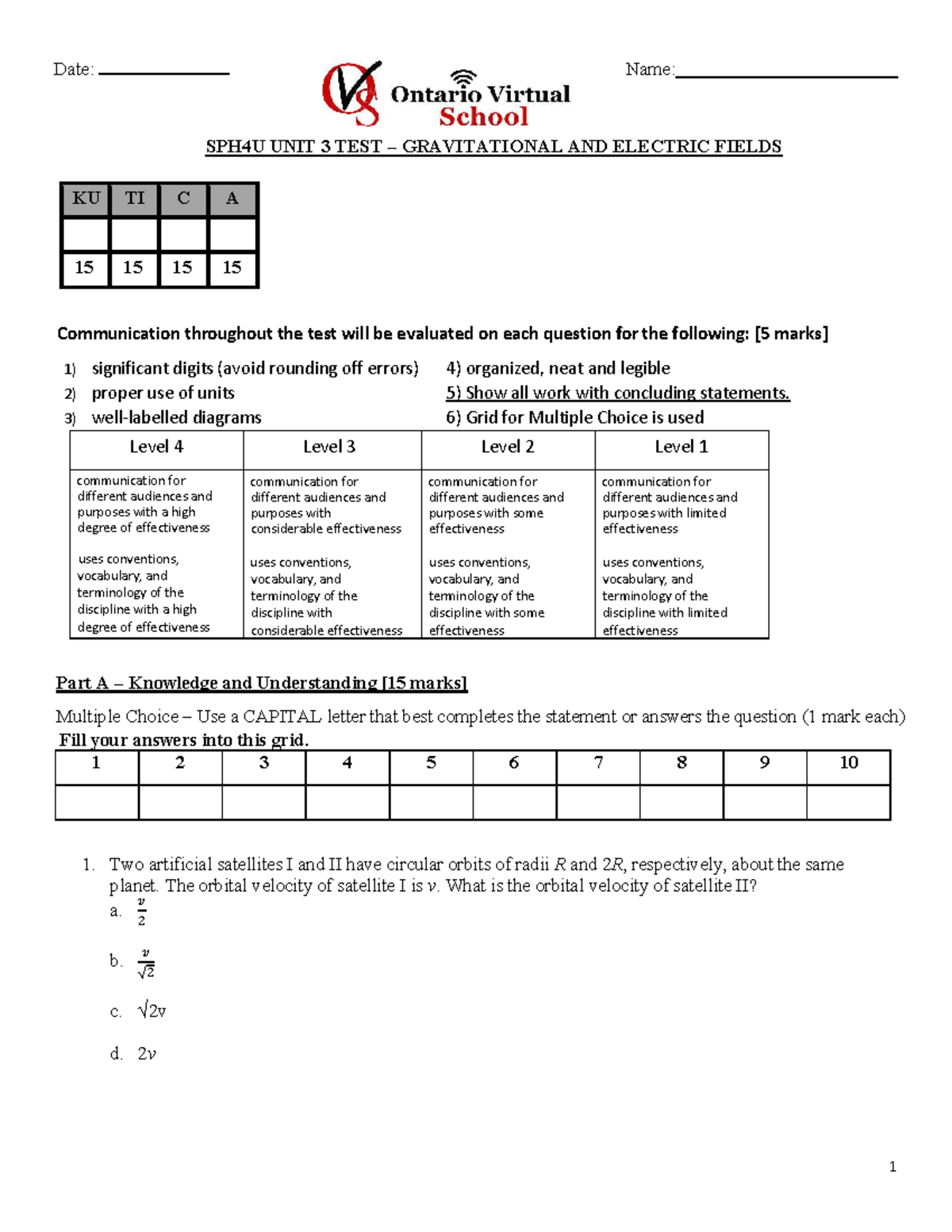 SPH4U UNIT 3 TEST: Gravitational & Electric Fields Overview 2025 - Studocu