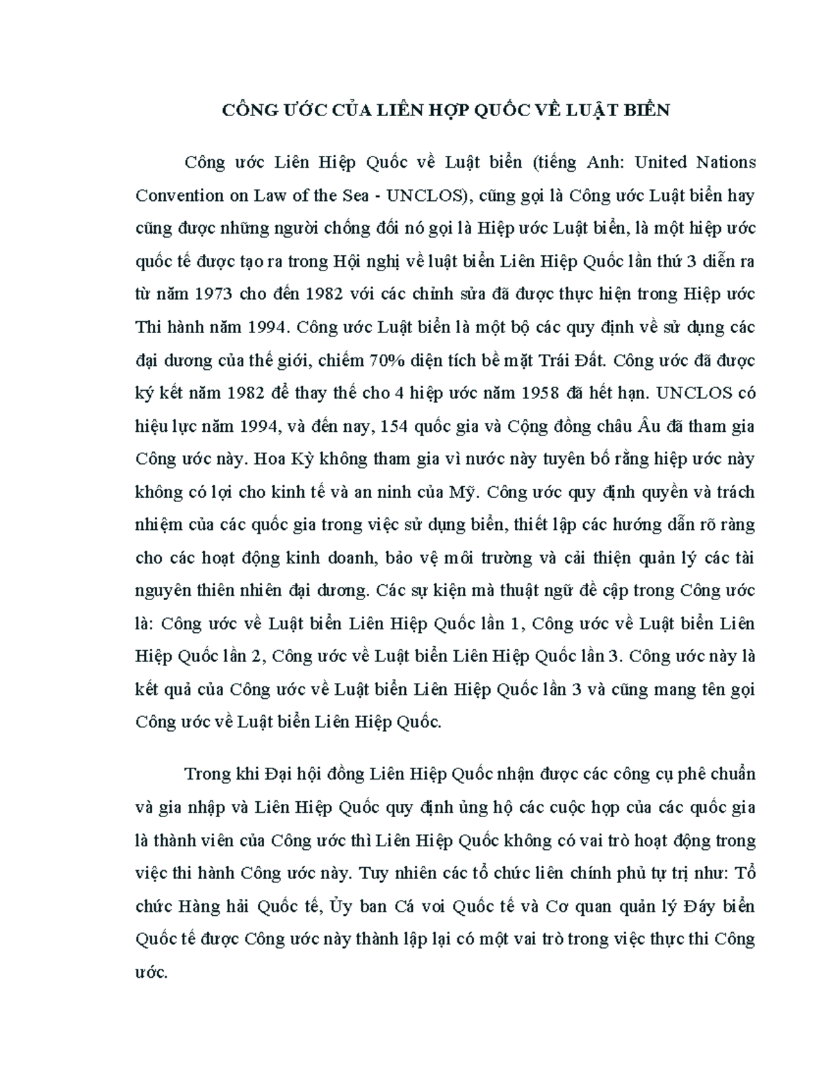 CÔNG ƯỚC LIÊN HIỆP QUỐC VỀ LUẬT BIỂN (UNCLOS) 1982 - Studocu