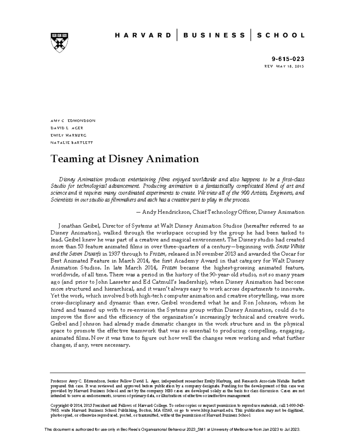 615-023 Case Study: Teaming Innovations at Disney Animation - Studocu