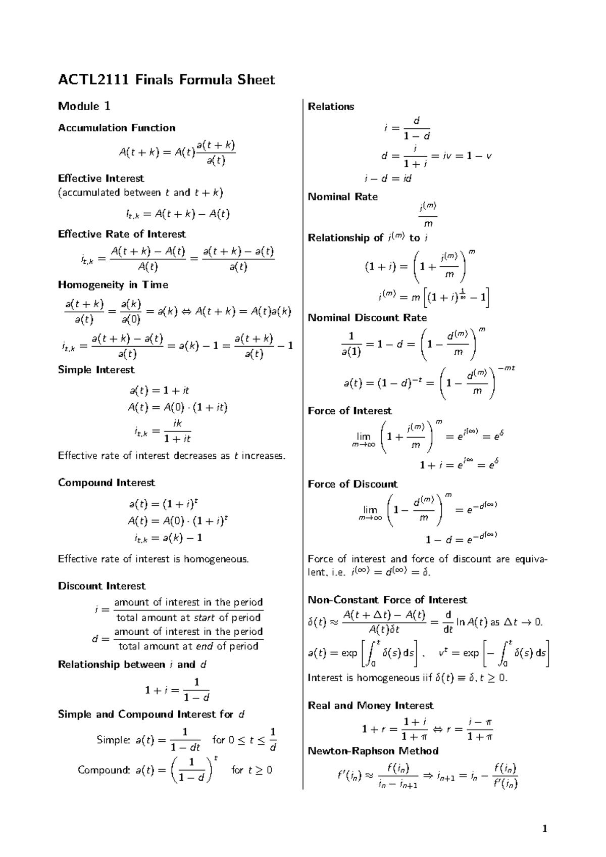 ACTL2111 Formula Sheet (Final) - ACTL2111 Finals Formula Sheet Module 1 ...