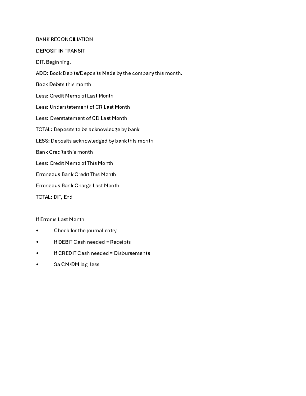 BANK RECON FORMULA - Key Steps and Calculations for Review - Studocu