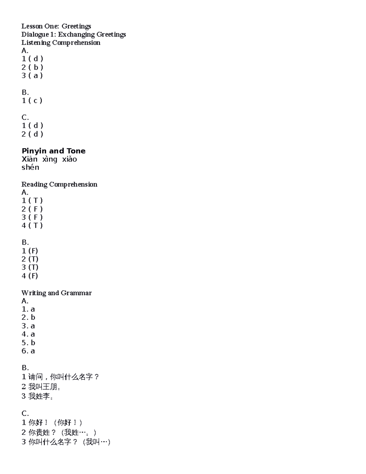 CHIN101 Answer Key: Lesson 1 - Greetings & Dialogues - Studocu