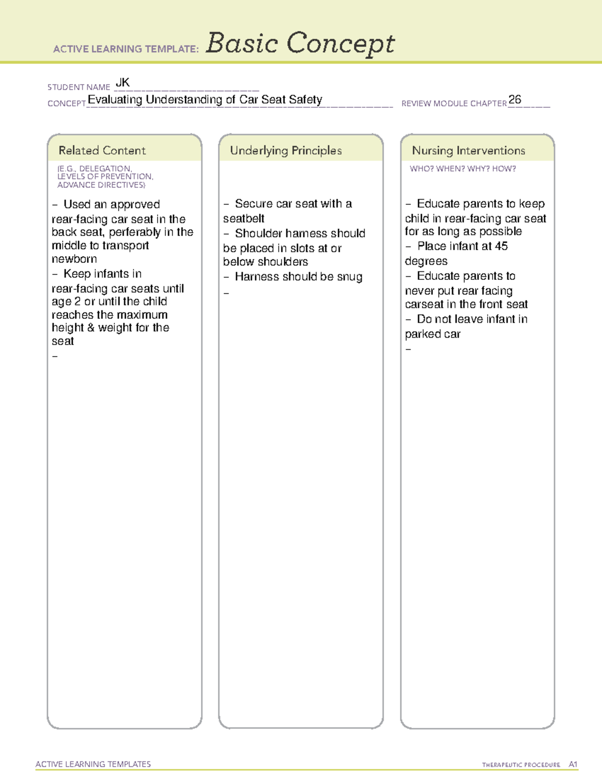 Car Seat Safety - ATI Active Learning Template (Therapeutic Procedure ...