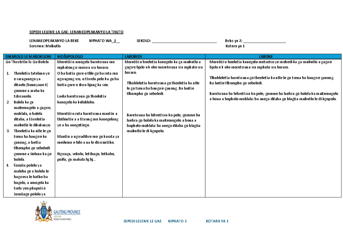 SEPEDI LELEME LA GAE - LENANEOPEAKANYO LA THUTO KOTARA YA 1 MEPHATO WA ...