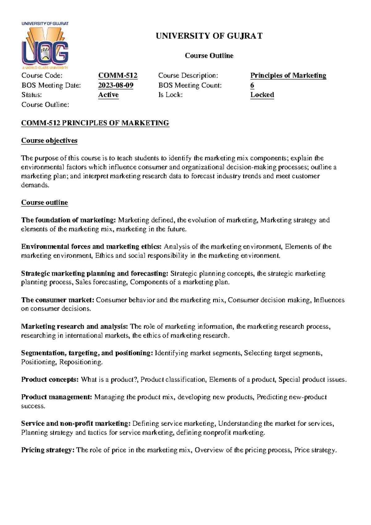 BOS 512 - Course Outline: Principles of Marketing Overview - Studocu