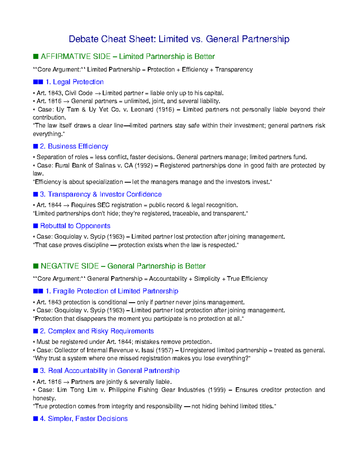 Debate Cheat Sheet: Limited vs. General Partnership Analysis - Studocu