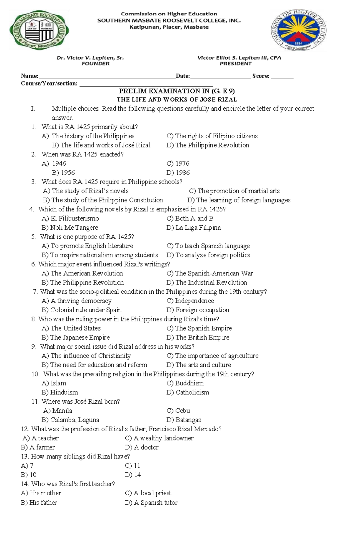 Rizal (TQ) Prelim - Multiple Choice Exam on Life and Works - Studocu
