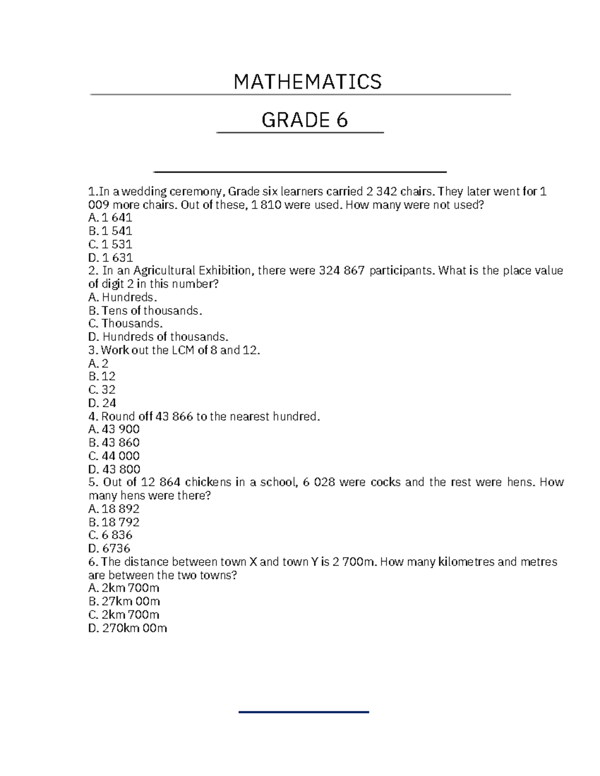 Mathematics Grade 6 Premock Exam Questions and Answers - Studocu
