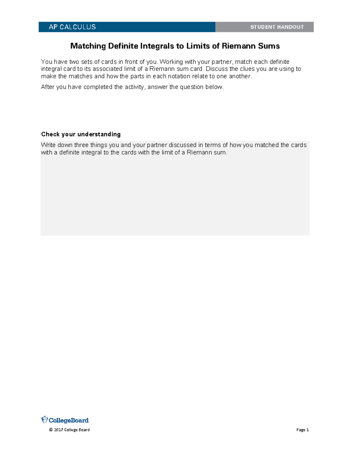 Handout Student - Interpreting Definite Integral Notation as the Limit ...