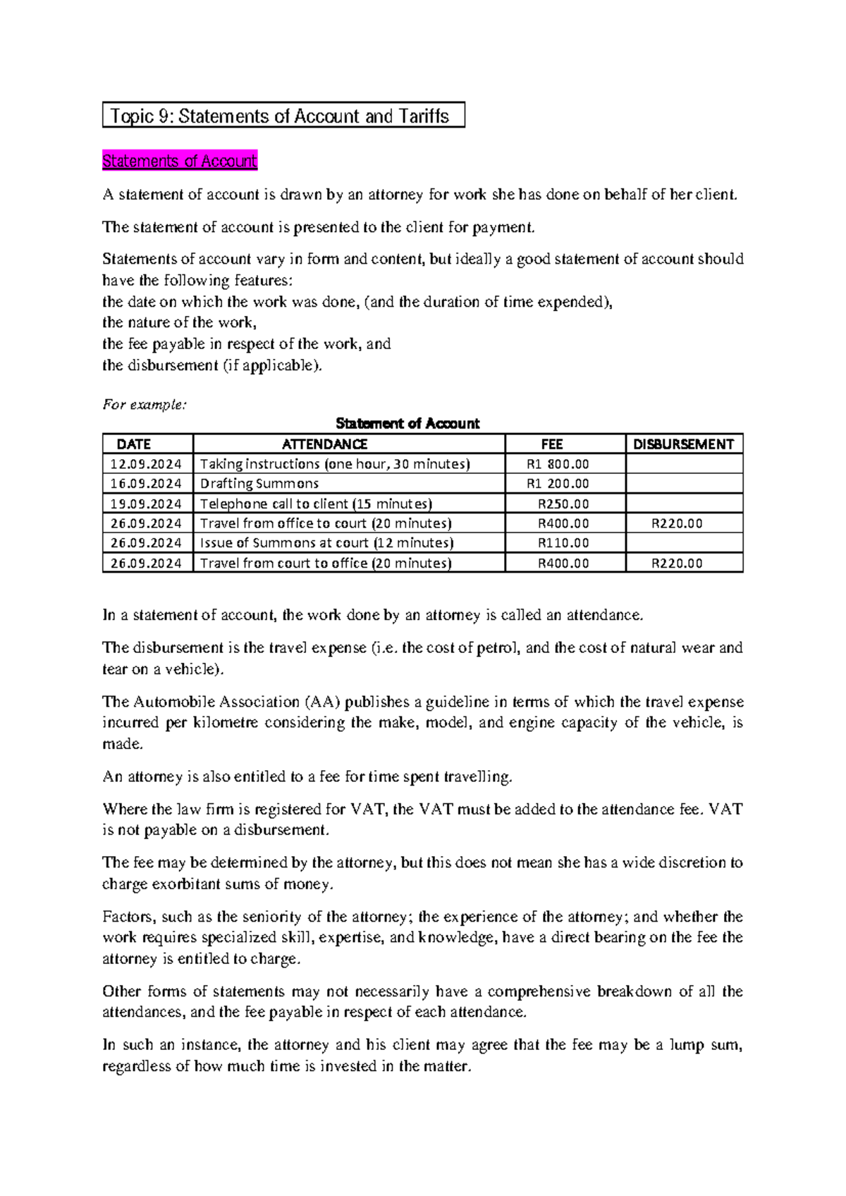 Topic 9: Statements of Account and Tariffs Overview Notes - Studocu