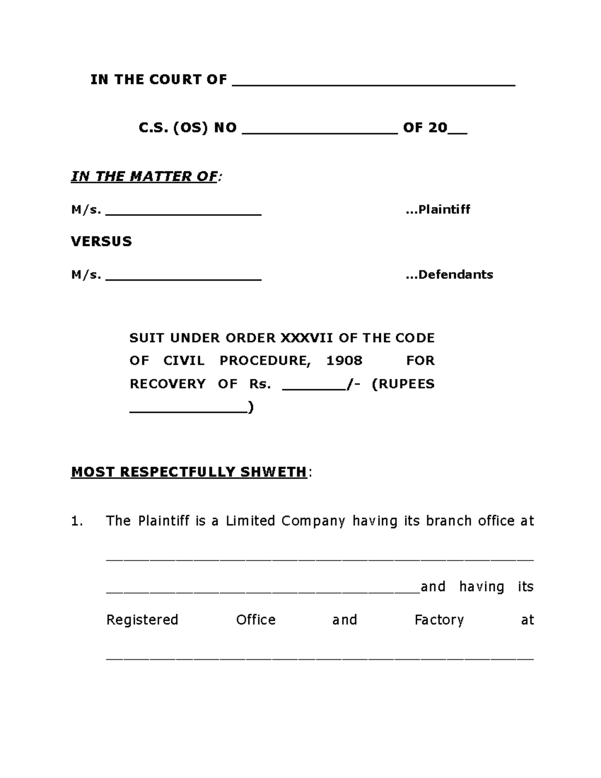 Sample Suit for Recovery of Money Under CPC: Order XXXVII - Studocu