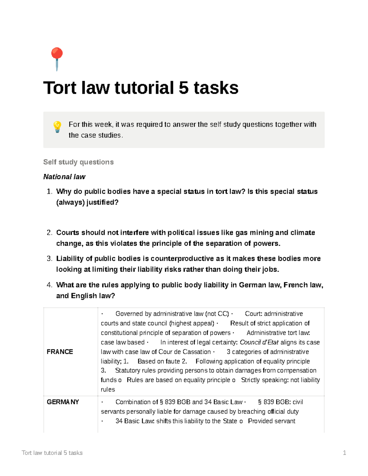 Tort Law Tutorial 5 Tasks - Summary and Discussion of Key Legal ...