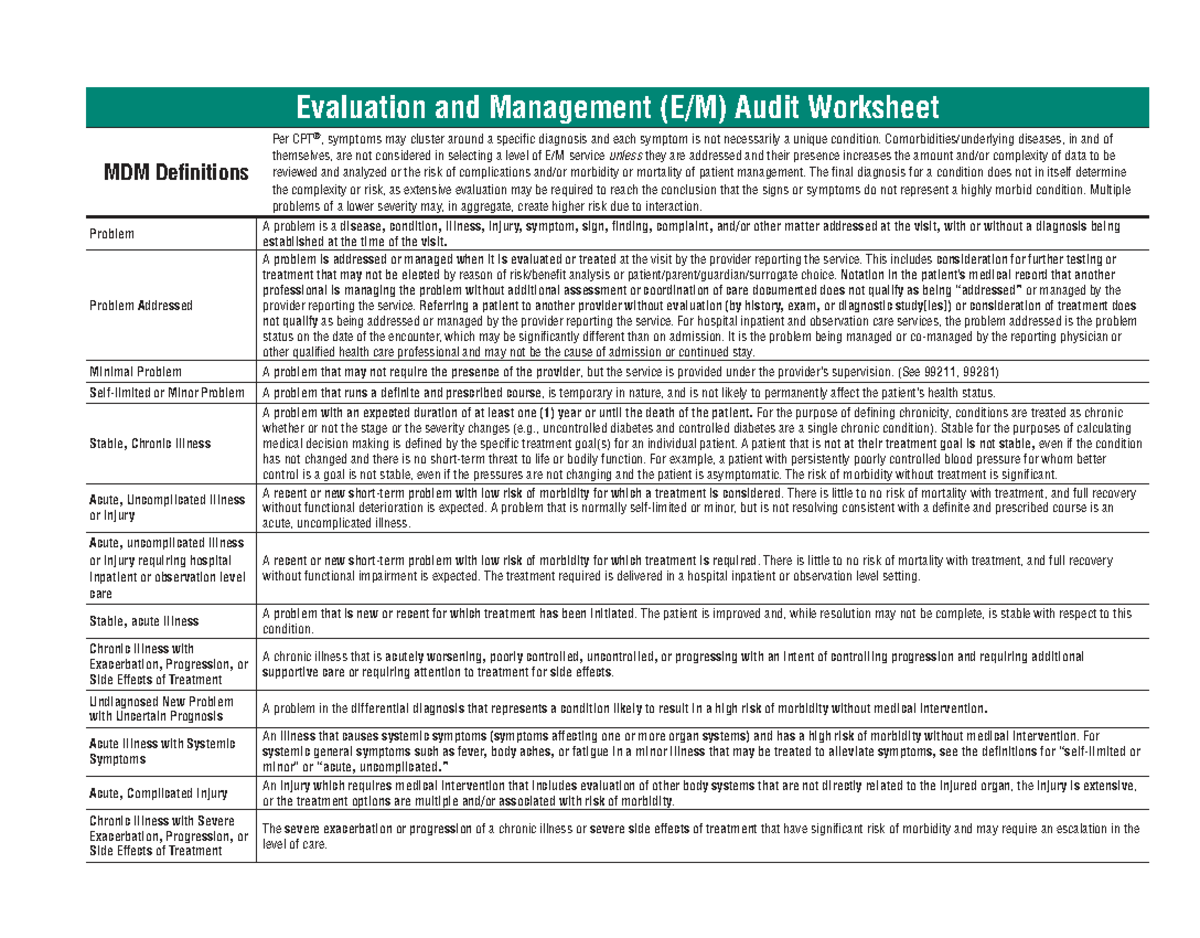 E/M Audit Worksheet: MDM Definitions and Problem Management - Studocu