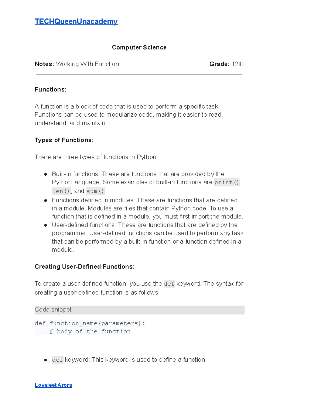 Working with Functions Notes - TECHQueenUnacademy Computer Science ...