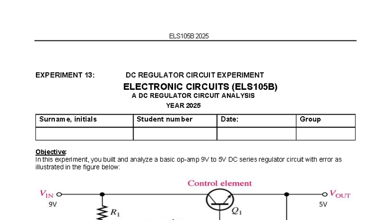 ELS105B Experiment 13: DC Regulator Circuit Analysis - Studocu