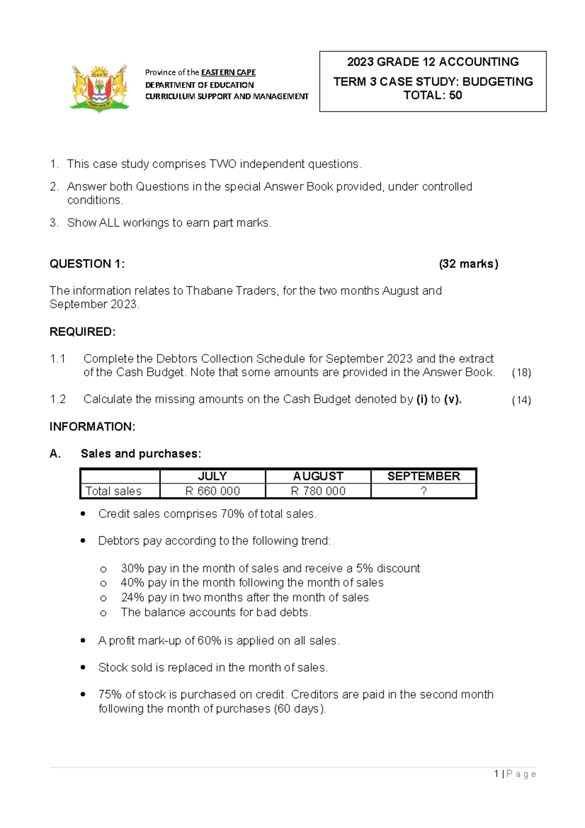 2023 Accn Gr 12 Term 3 Case Study: Budgeting & Cash Management - Studocu