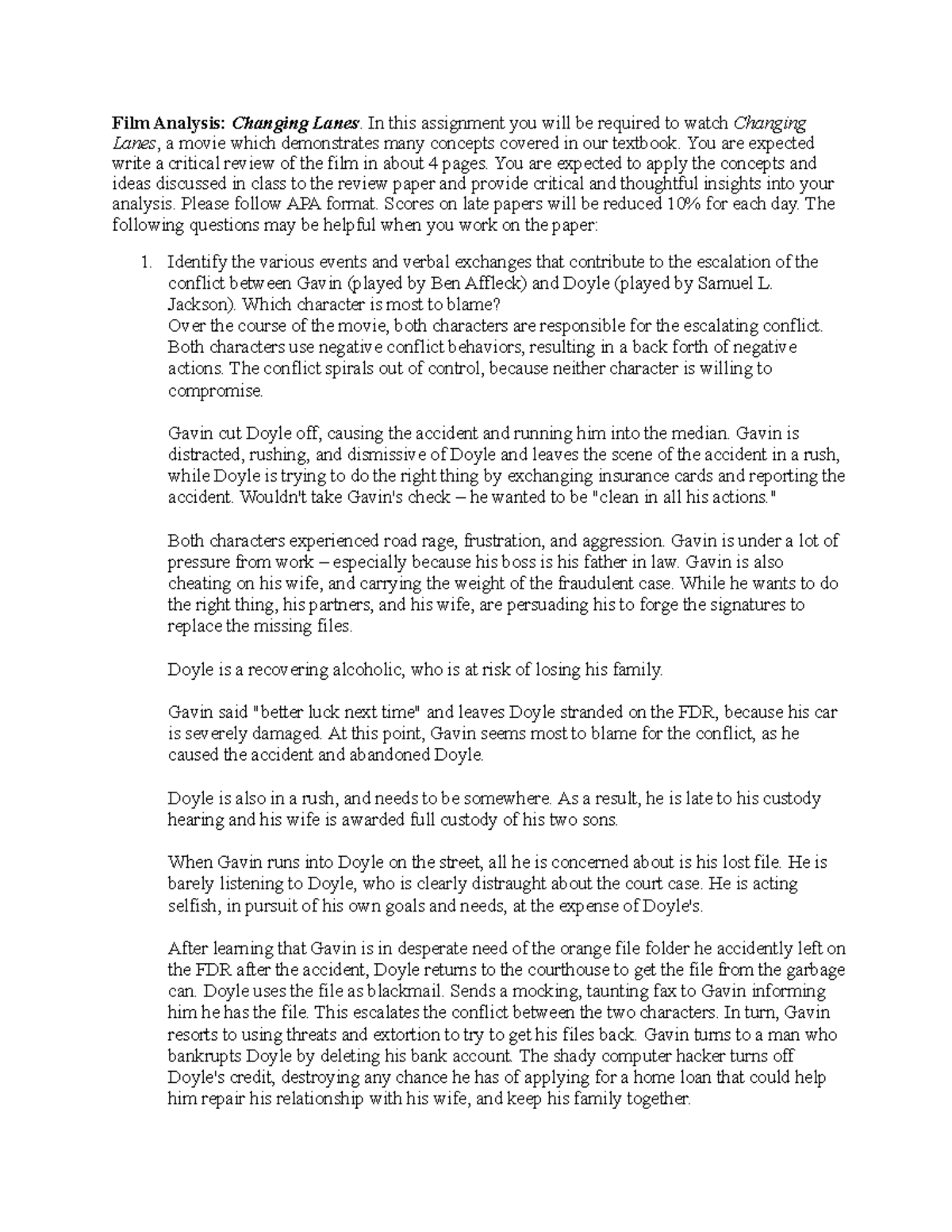 Film Analysis Paper - Film Analysis: Changing Lanes. In this assignment ...