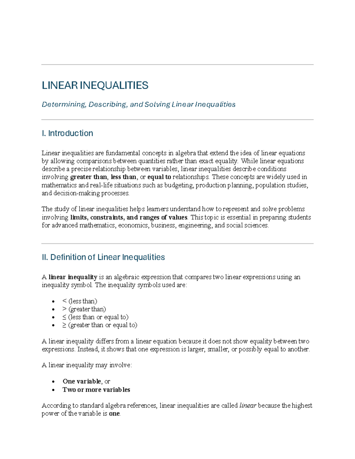 Linear Inequalities: Understanding, Describing, and Solving - Lesson ...