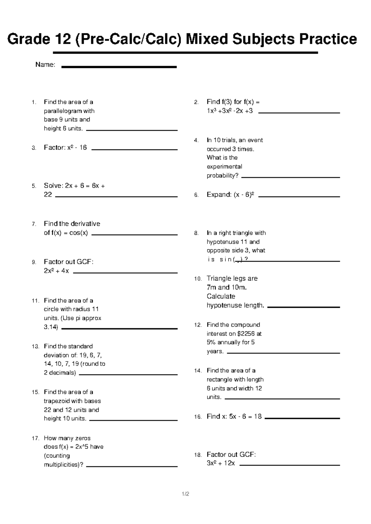 Grade 12 (Calc) Mixed Subjects Practice Problems 24 - Studocu