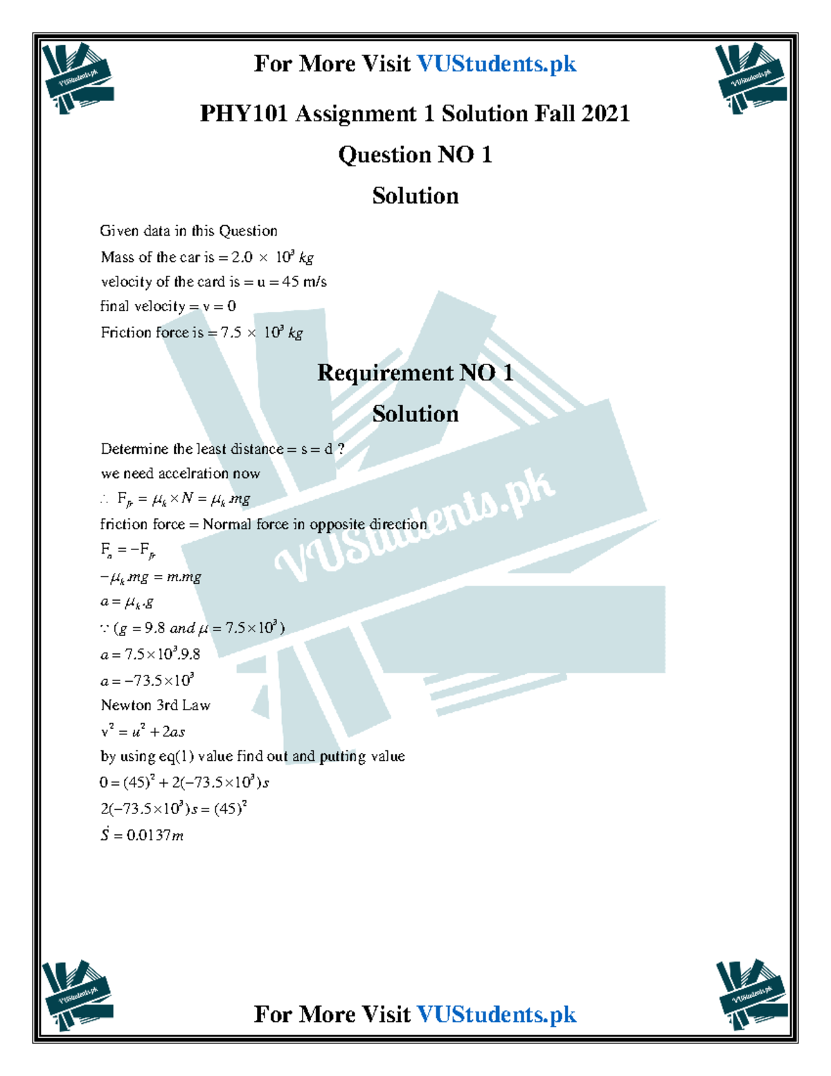 PHY101 Assignment 1 Solution Fall 2021 - For More Visit VUStudents For More Visit VUStudents ...