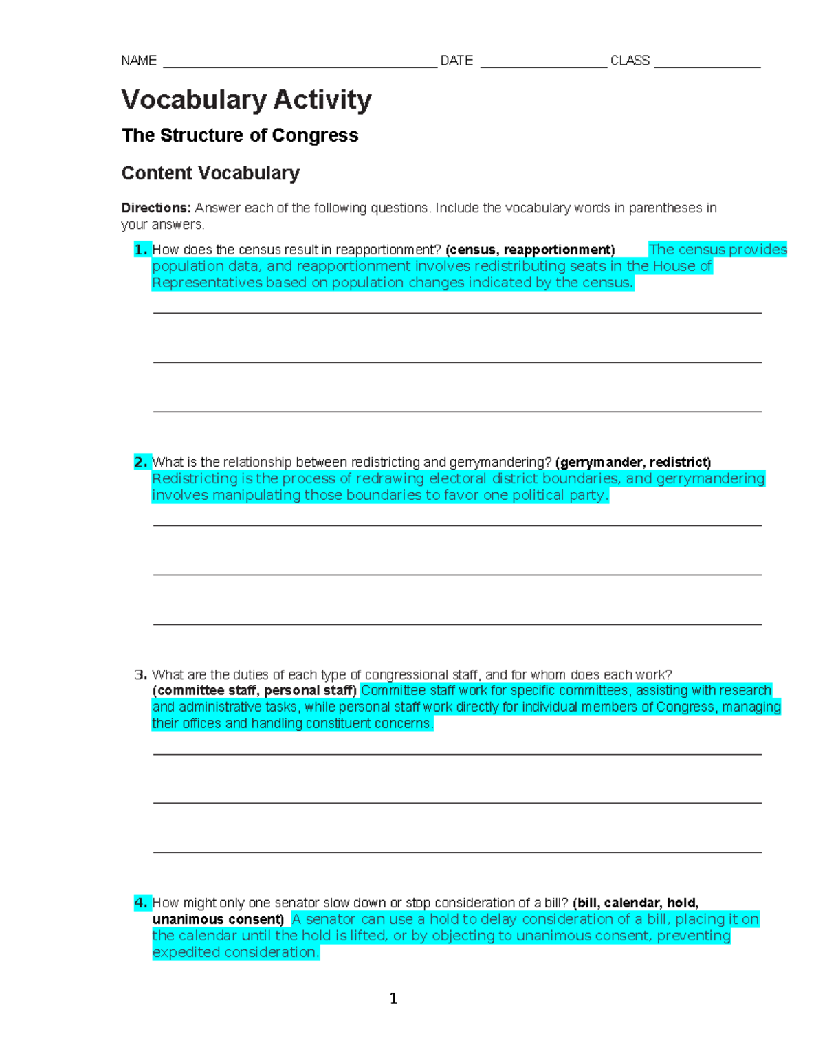 Chapter 5 Vocabulary Activity: Exploring Congressional Terms - Studocu
