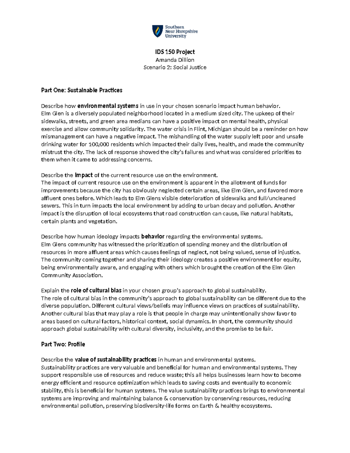 IDS 150 Project: Sustainable Practices in Elm Glen Community - Studocu