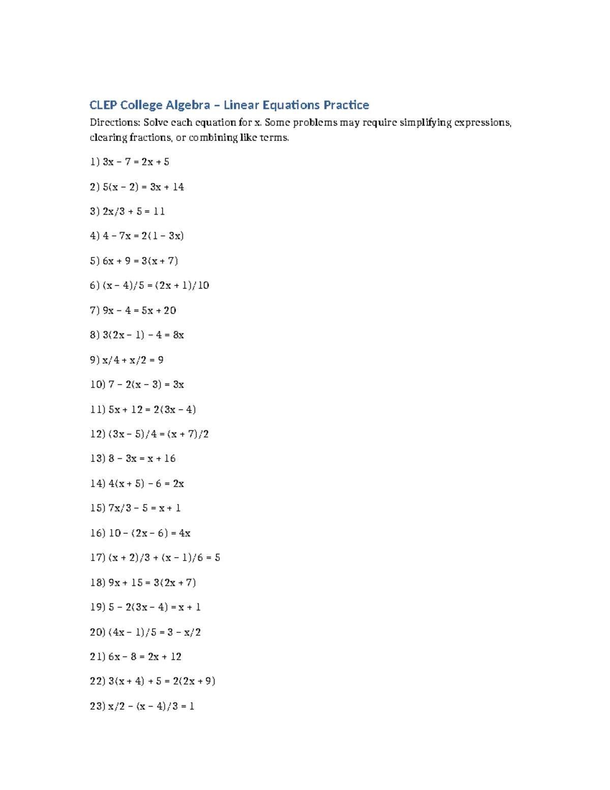 CLEP College Algebra – Linear Equations Practice Problems - Studocu