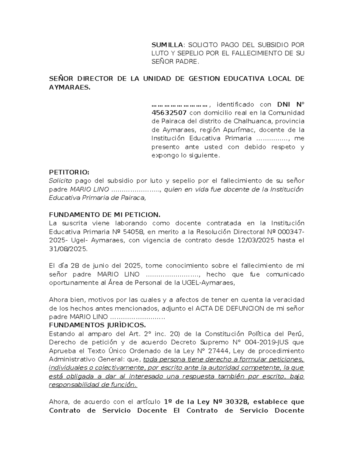 Solicitud de Pago del Subsidio por Luto y Sepelio - DNI 45632507 - Studocu