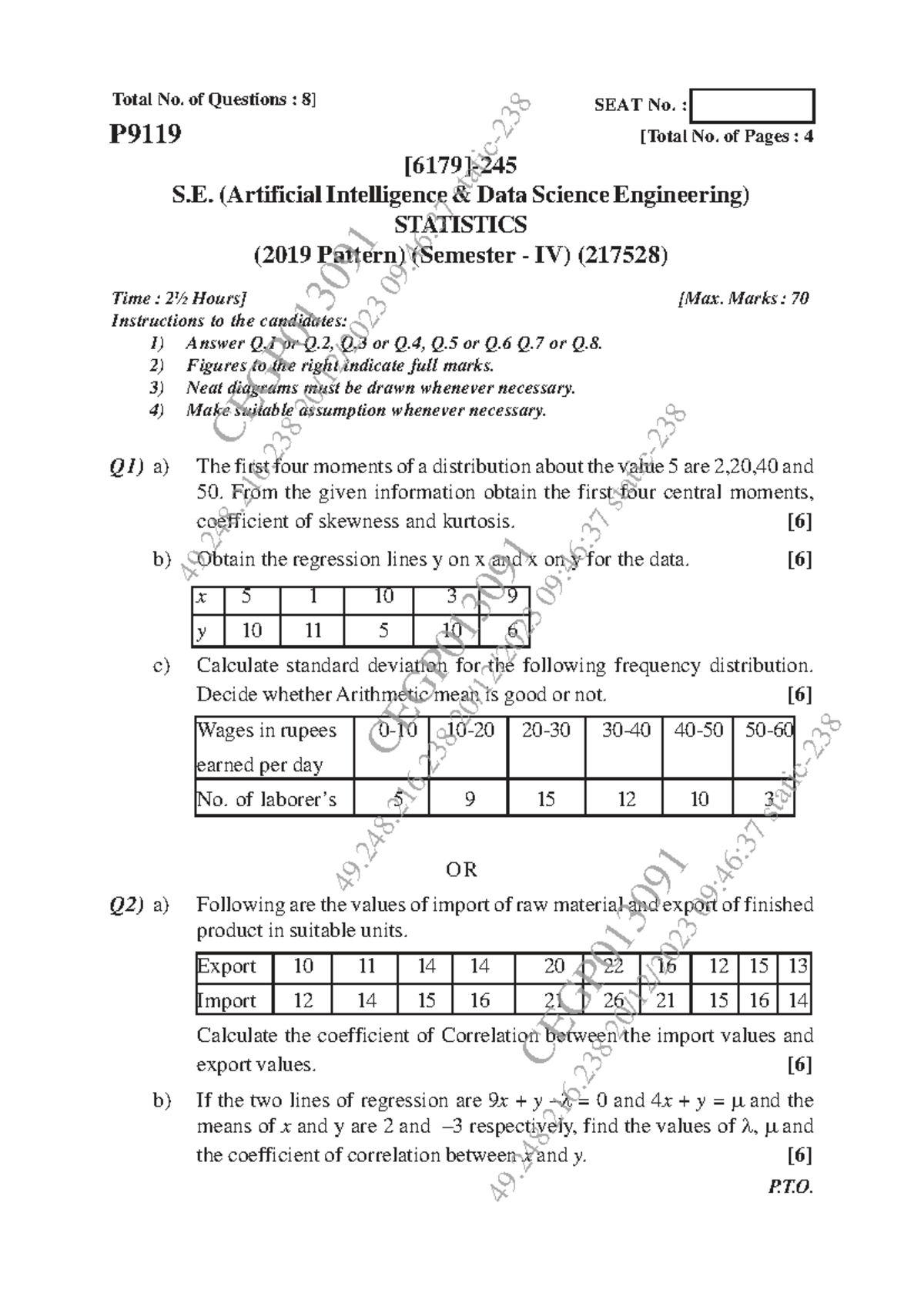 Statistics (2019 Pattern) PYQ - S.E. (AI Data Science Engg) Sem IV ...