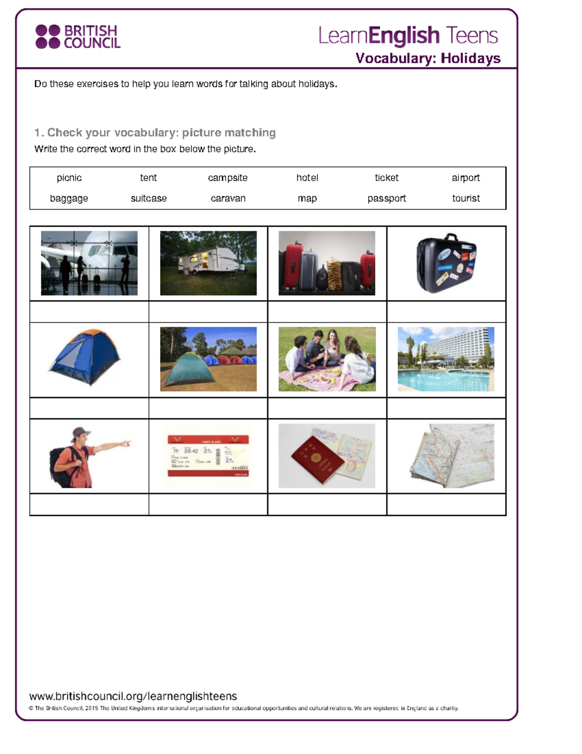 Vocabulary Exercises: Holidays - Material for Learning - Studocu