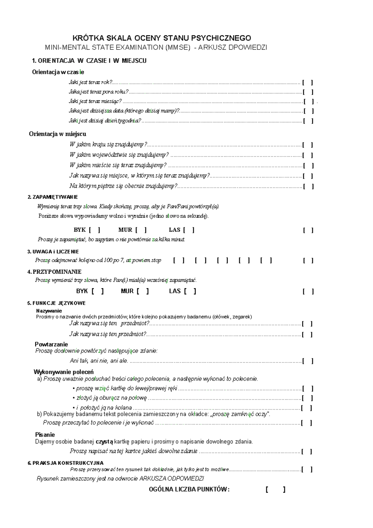 MMSE TEST - Mini-Mental State Examination Arkusz Odpowiedzi - Studocu
