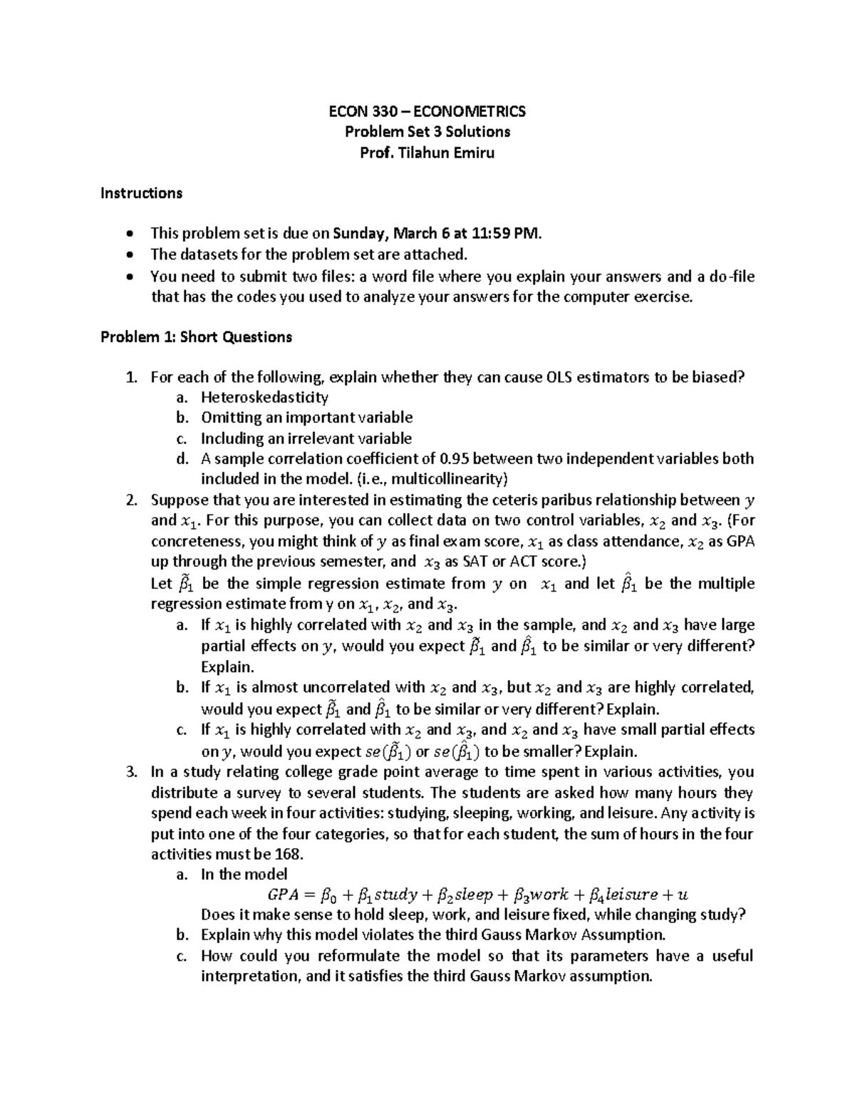 Problem solving skills in econometrics - ECON 330 – ECONOMETRICS ...