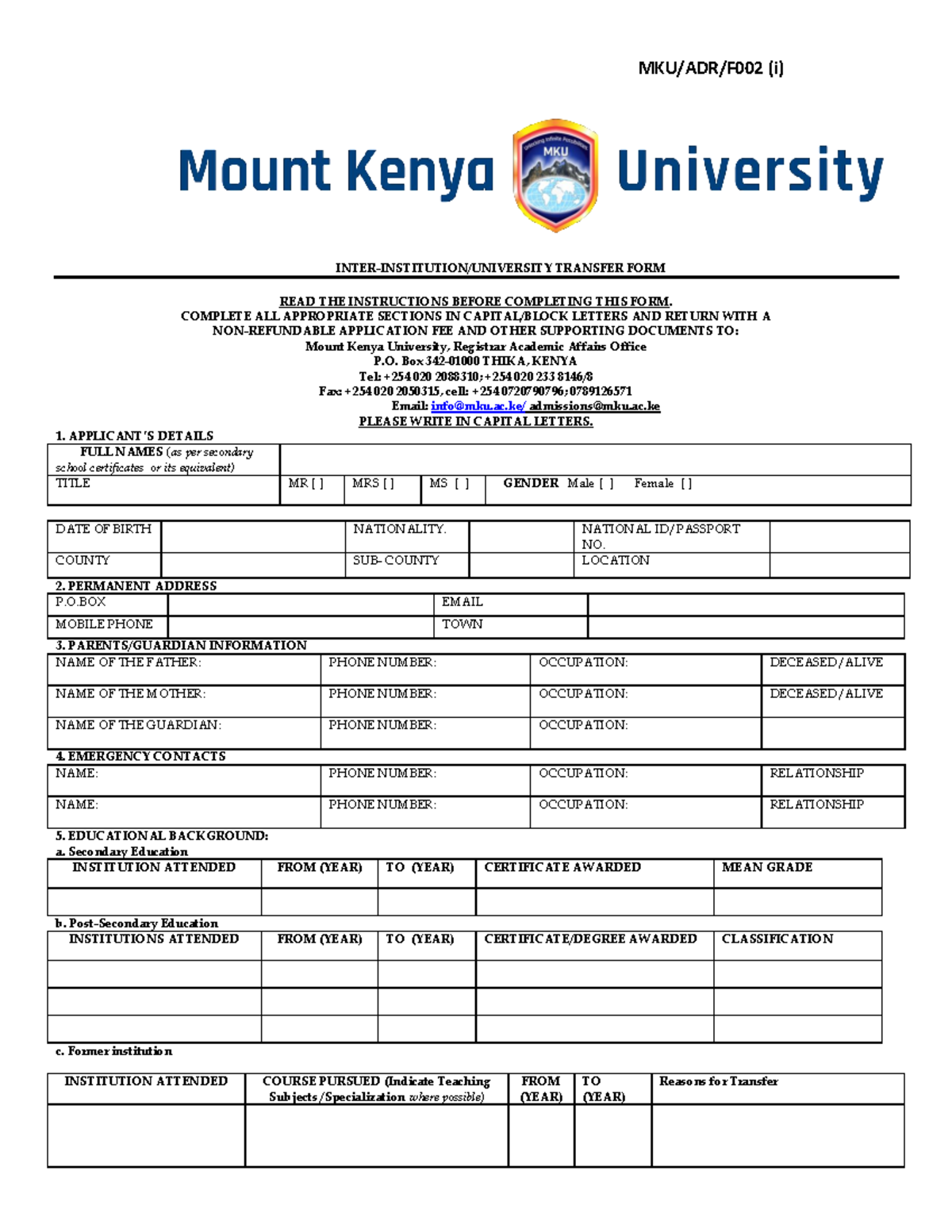 Inter University Transfer Form - MKU/ADR/F002 (i) Instructions - Studocu