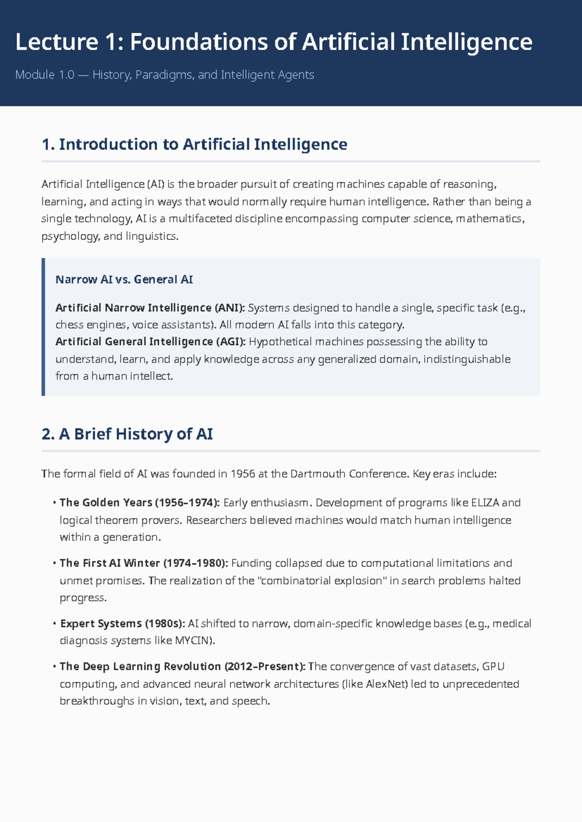 Lecture 1: Foundations of AI - History, Paradigms & Agents - Studocu