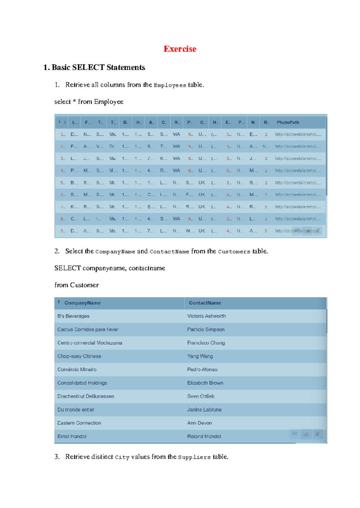 W4 - SQL - Exercise 1. Basic SELECT Statements 1. Retrieve all columns ...