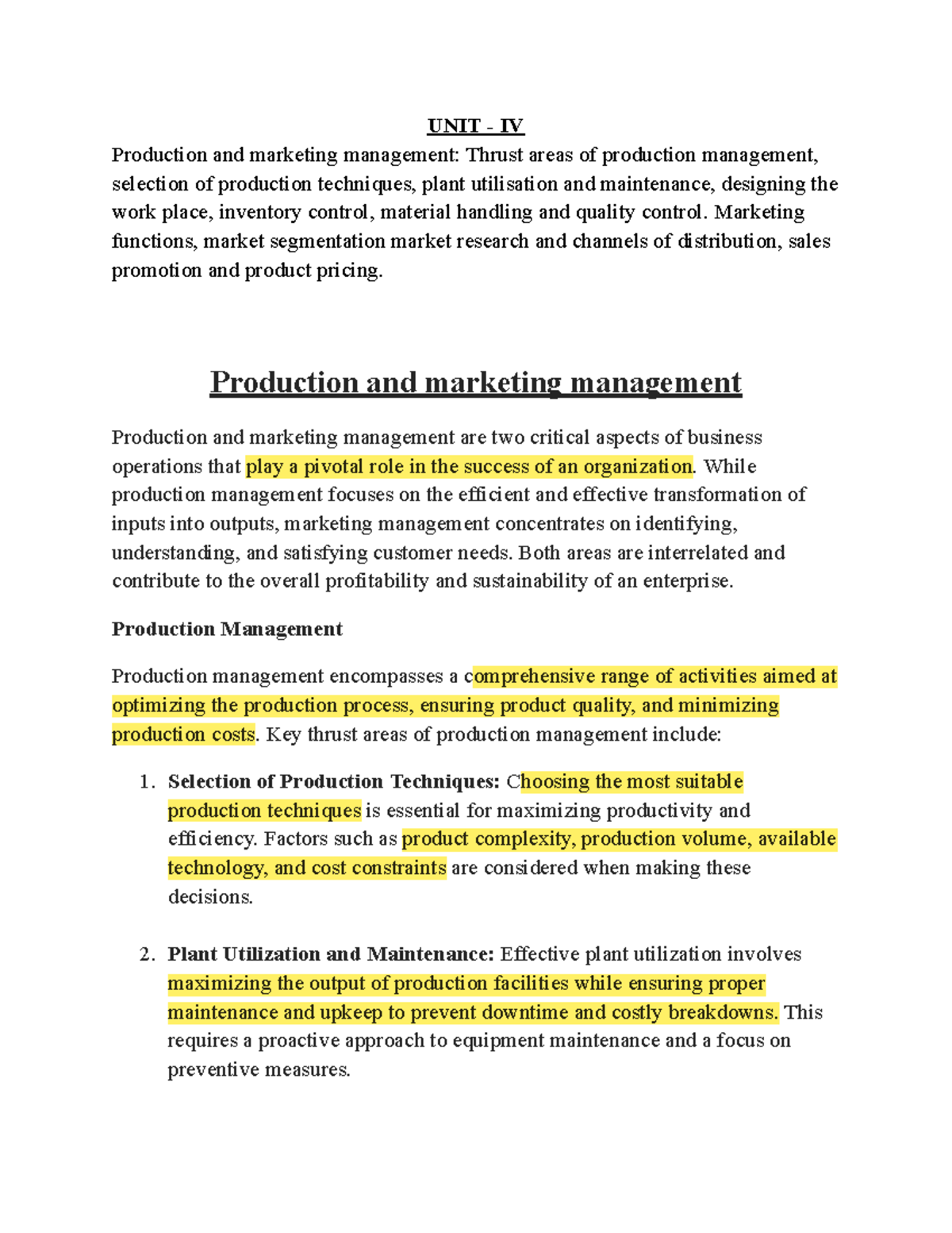 POE U-4: Key Strategies in Production & Marketing Management - Studocu