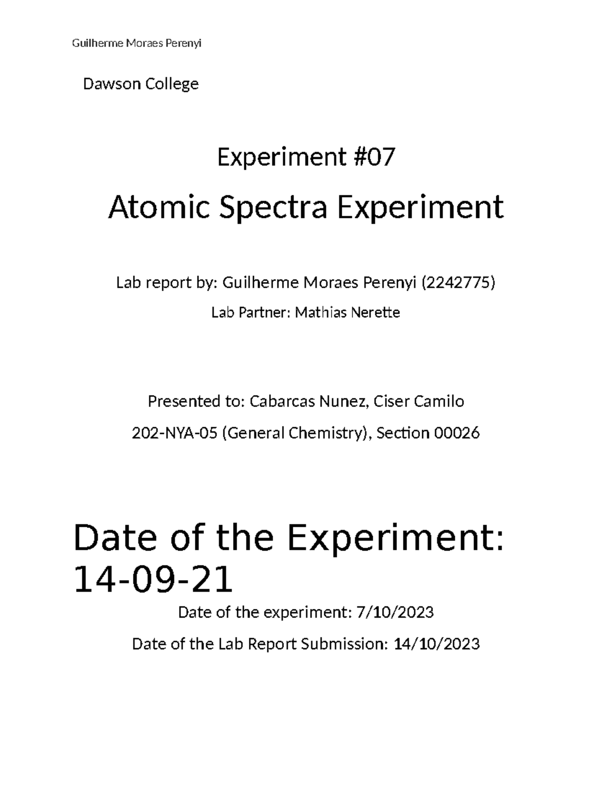 Lab Chem 24 - Atomic Spectra Experiment Report by Guilherme Perenyi ...