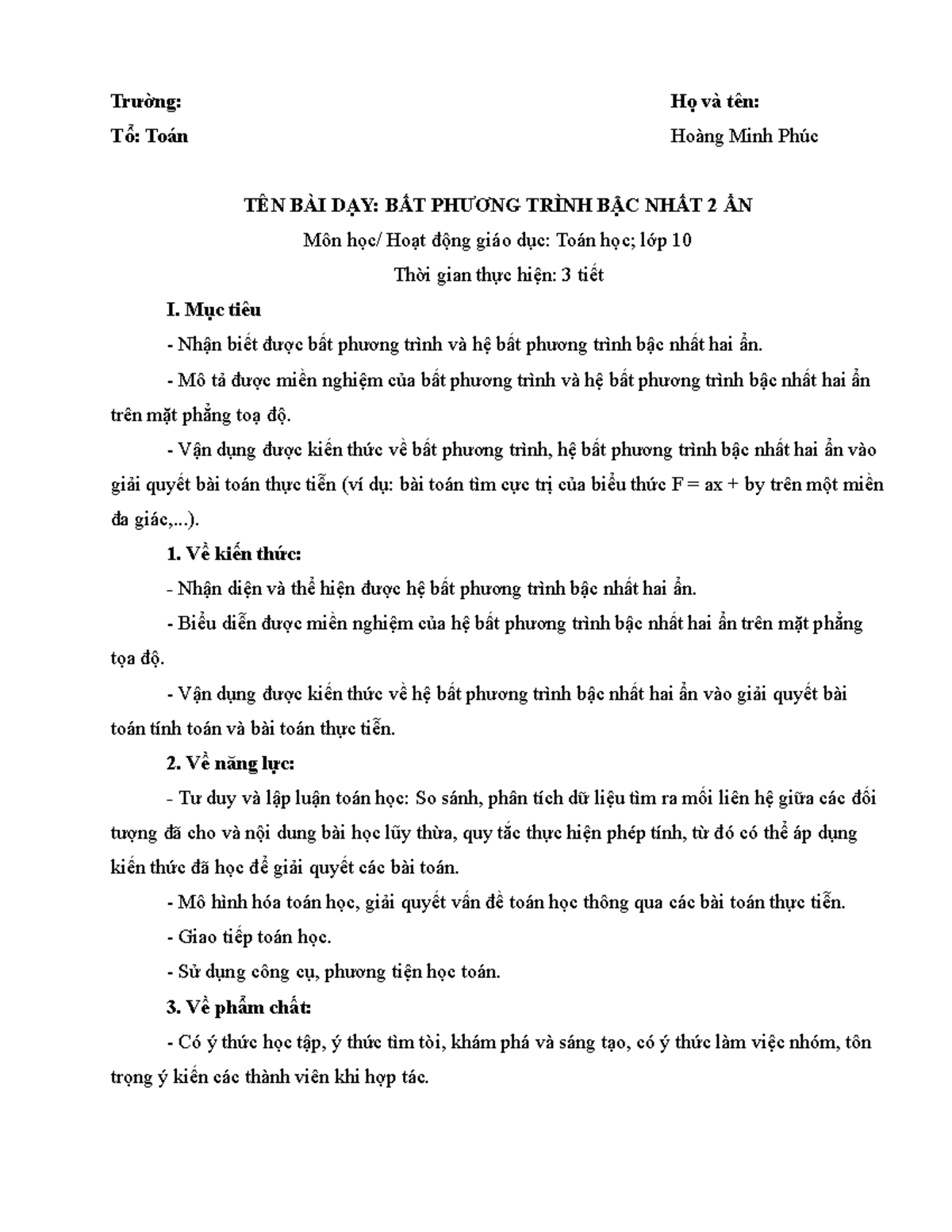 Giáo án Toán 10: Bất Phương Trình Bậc Nhất Hai Ẩn - Tuần 3 - Studocu
