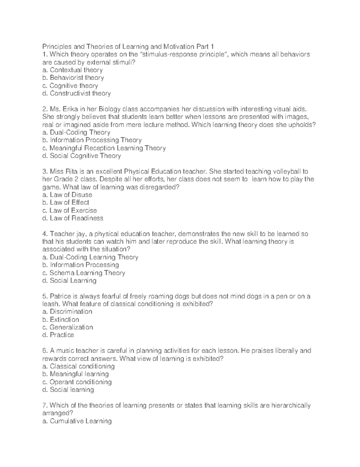 201 LET Learning Theories and Motivation Quiz Questions - Studocu