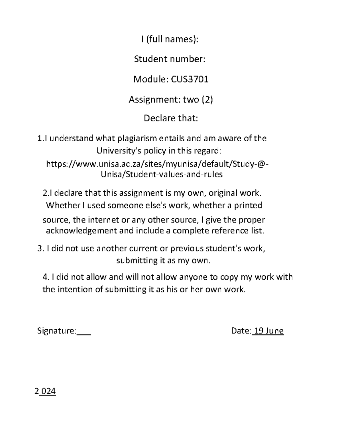 CUS3701 Assignment 2: Understanding Plagiarism and Curriculum ...