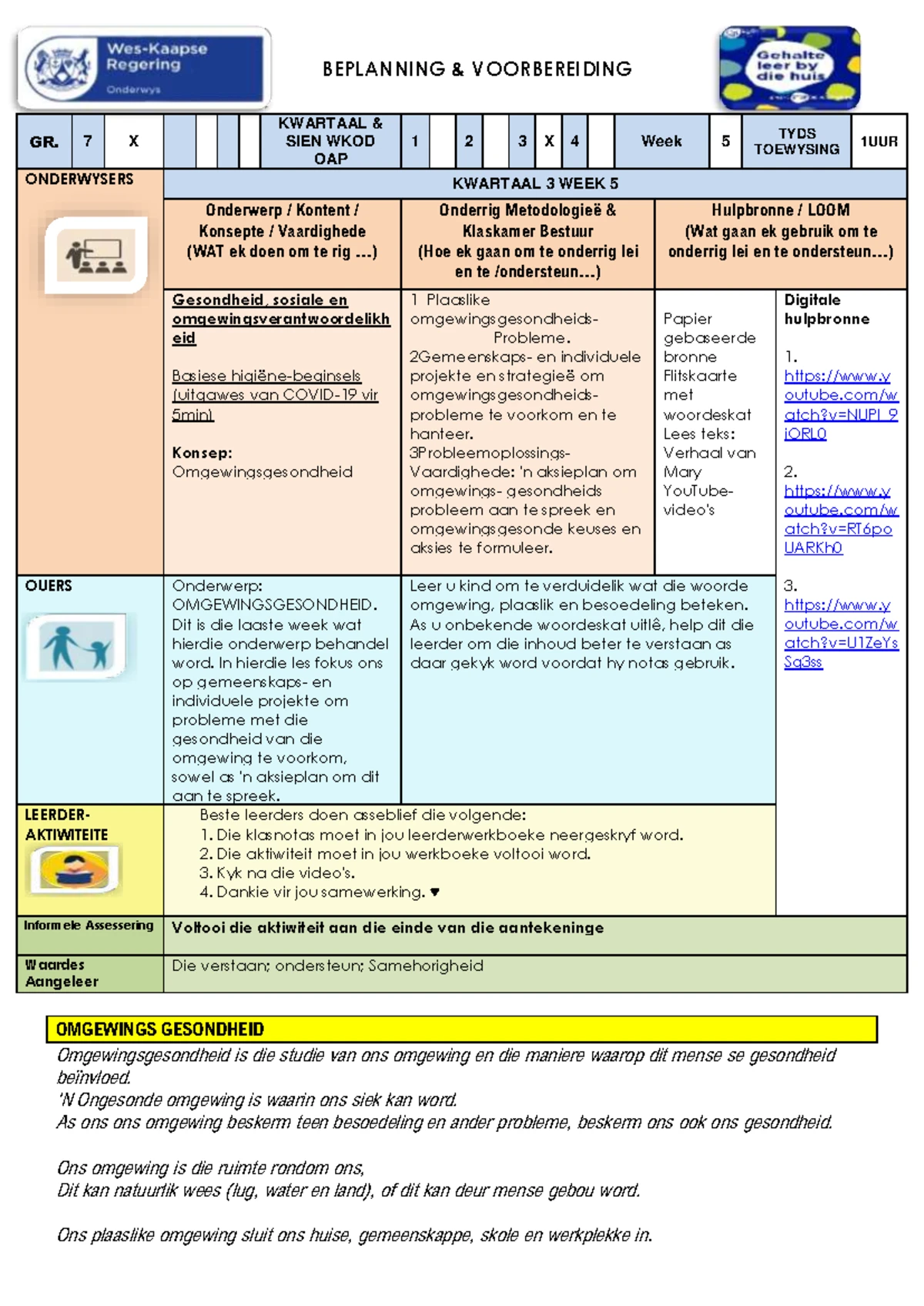 3 Lesplan AOO SF Graad 7 Lewensorientering Kwartaal 3 Week 3 ...