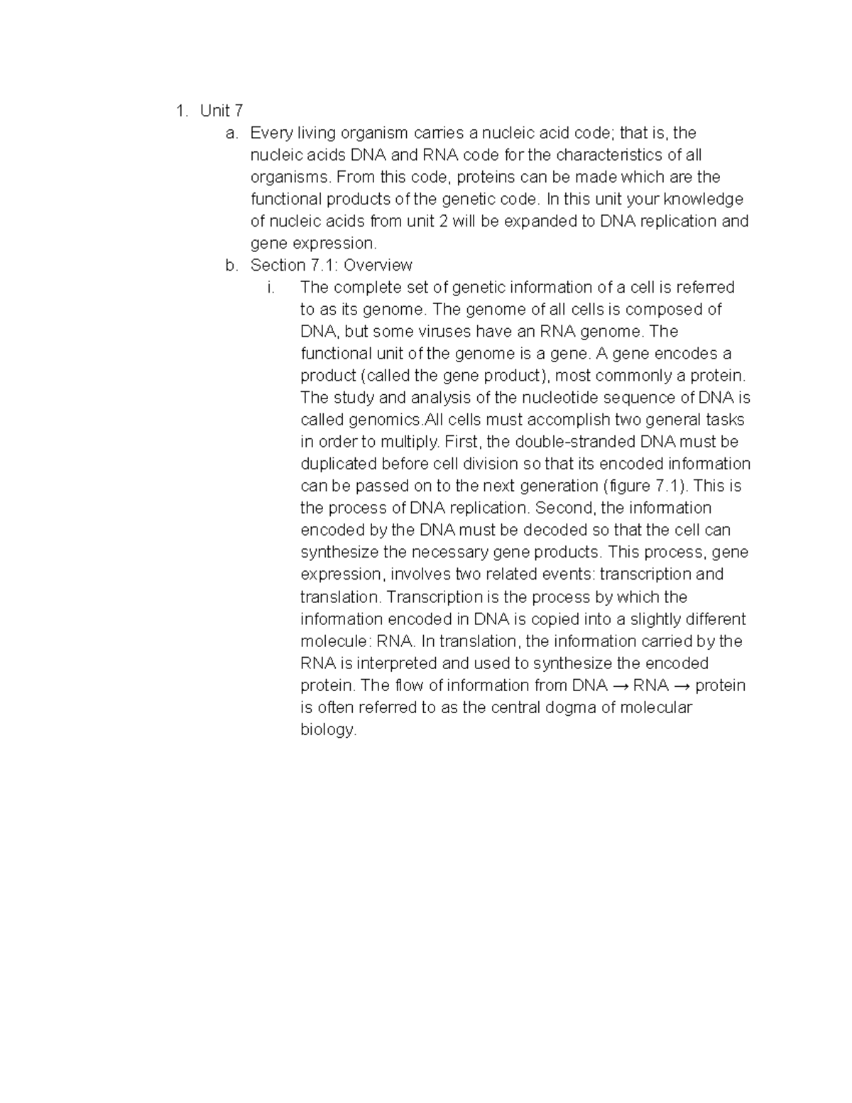 MBIO 1220 Unit 7 - Notes on Unit 7 - Unit 7 a. Every living organism ...