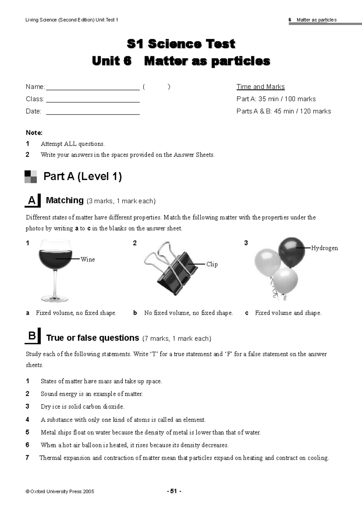 SS11 Science Test: Unit 6 Matter as Particles (Exam) - Studocu