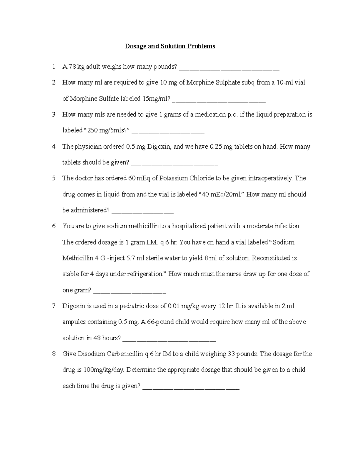 Dosage and Solution Problems: Practice Questions and Answers - Studocu